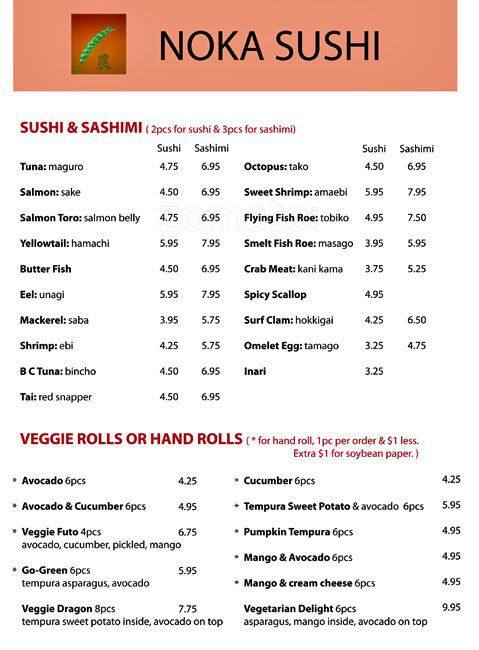 Menu at Noka All You Can Eat Sushi restaurant, Toronto