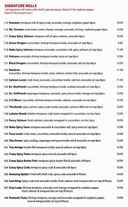 Menu at Noka All You Can Eat Sushi restaurant, Toronto
