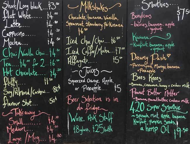 Menu at The Shroom Room cafe, Lyttelton