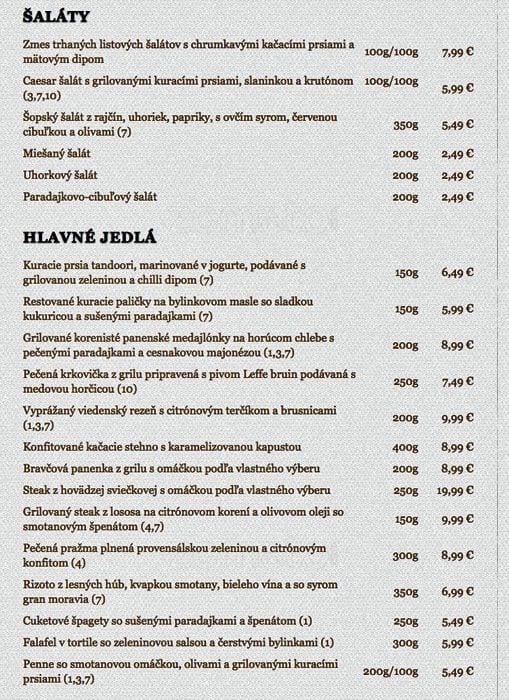 Menu at Riverside Restaurant, Nitra