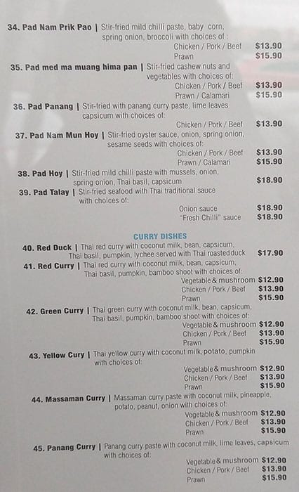 Menu at Fresh Chilli Thai restaurant, Laverton