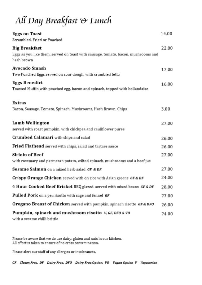 Menu at Terrace Cafe and Lounge, Yering