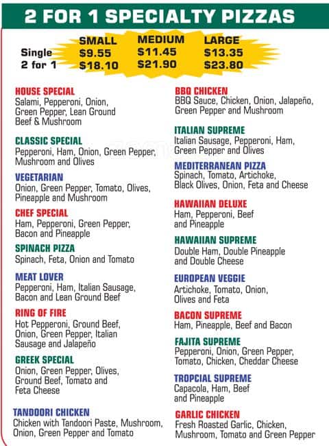 Menu at Pizza Inn pizzeria, Surrey