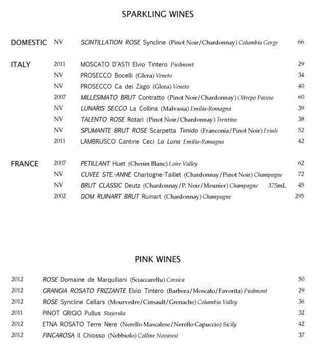 Menu at Triumph Bar, Seattle