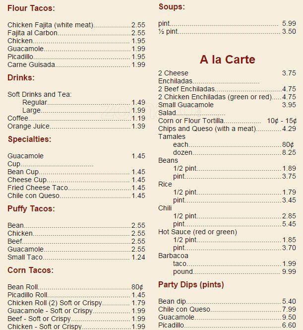 Menu at Teka Molino Mobile, San Antonio, Location Varies