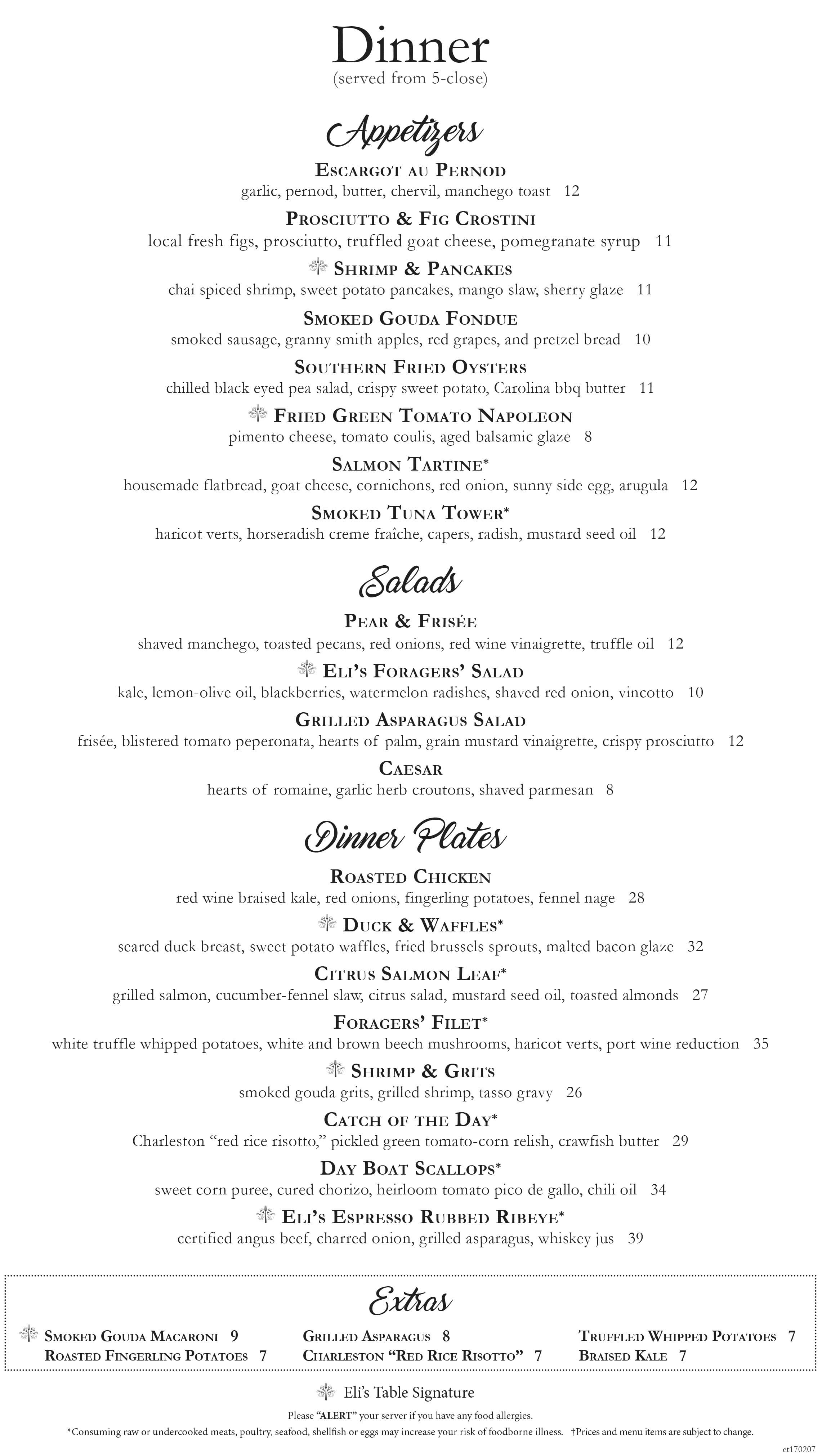 Menu at Eli's Table restaurant, Charleston