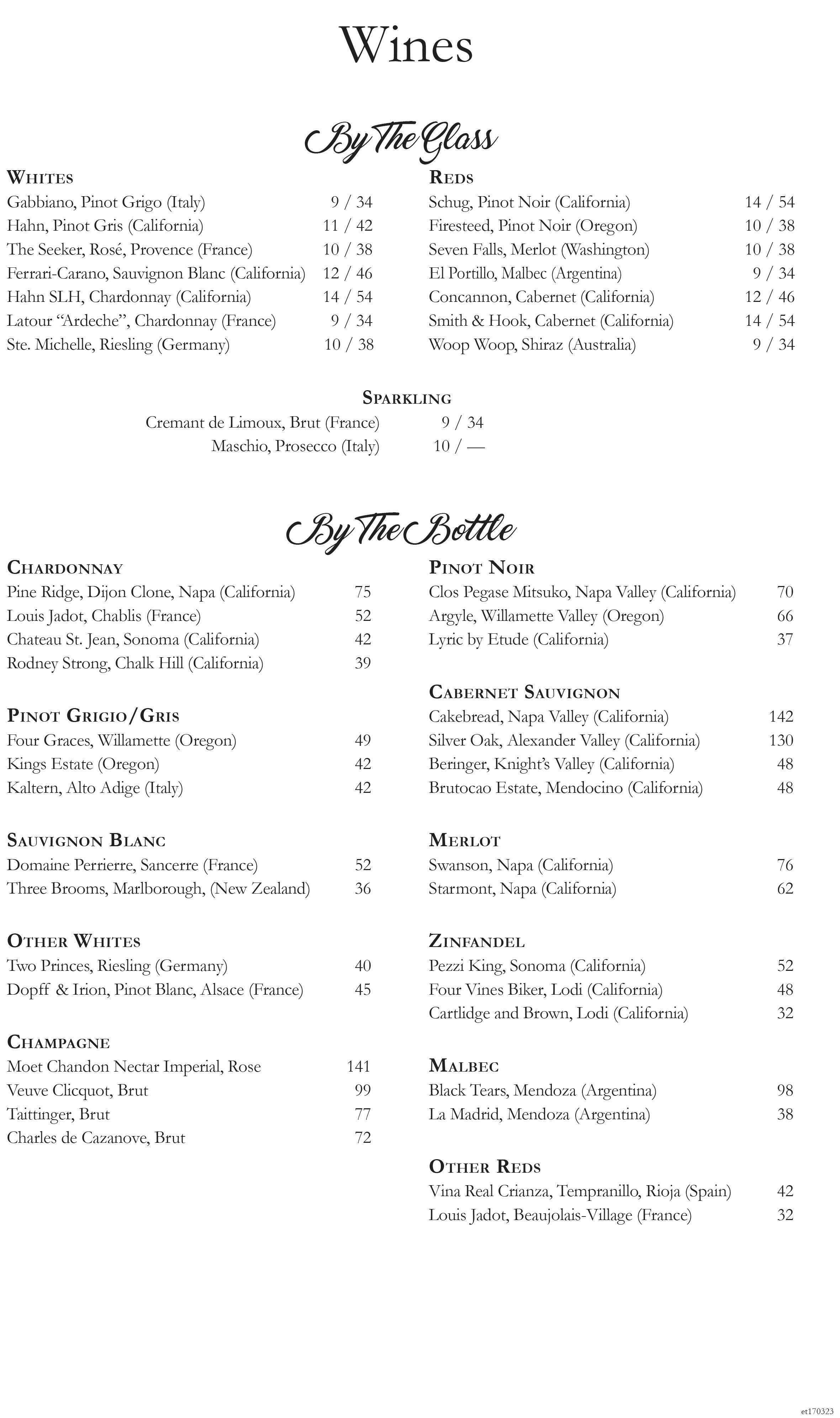 Menu at Eli's Table restaurant, Charleston