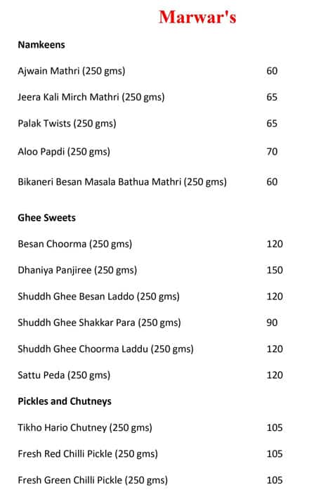 Menu of Marwar's, Whitefield, Bangalore
