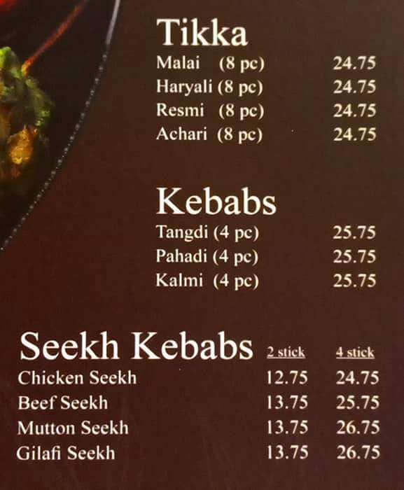 Menu at Arabian Majlis restaurant, Dubai