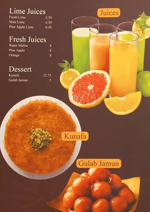 Menu at Arabian Majlis restaurant, Dubai