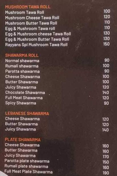 Menu of Rayyan's Juice Hub And Restaurant, Poojapura, Trivandrum