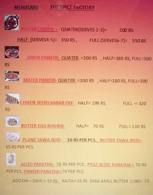 Menu of The Spice Factory, Madhu Vihar, New Delhi