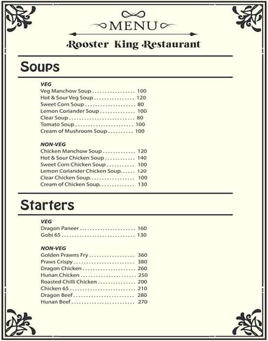 Menu of Rooster King Restaurant, Mannanthala, Trivandrum
