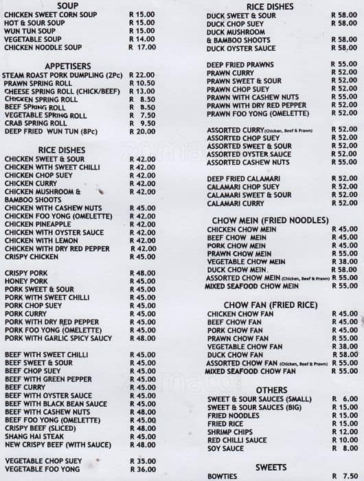 Menu at Golden Roc Noordheuwel restaurant, Krugersdorp