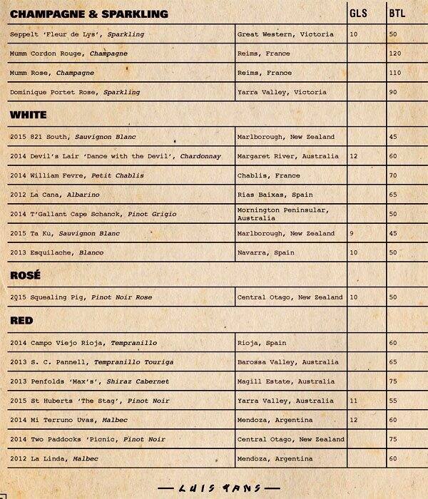 Menu at The House of Luis Tan restaurant, Bondi Beach