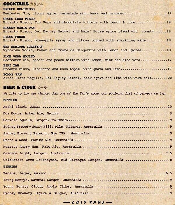 Menu at The House of Luis Tan restaurant, Bondi Beach