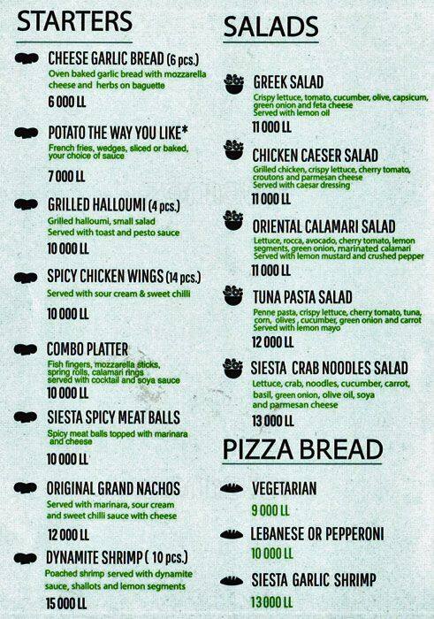 Siesta Menu, Menu for Siesta, Mansourieh, Metn - Zomato Lebanon