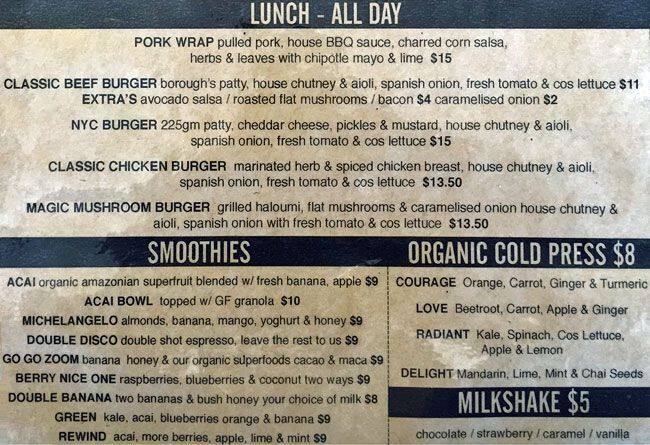 Menu at Borough Barista, Gold Coast