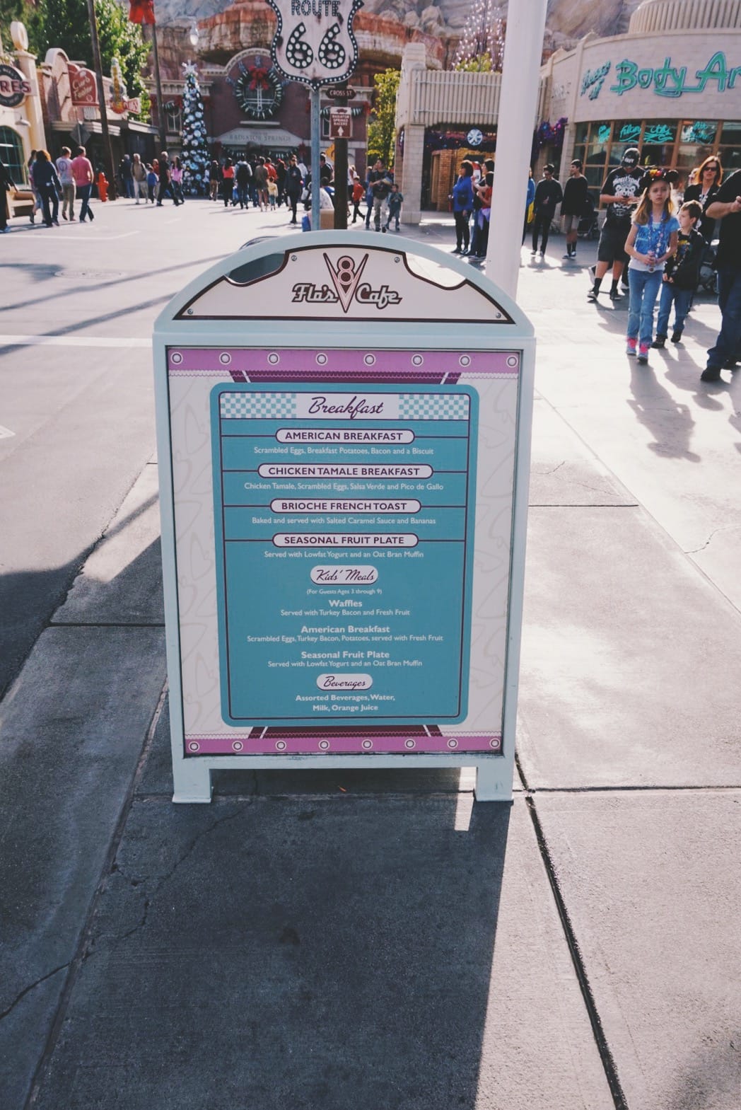 Menu at Flo's V8 Cafe, Anaheim, Disney California Adventure Park
