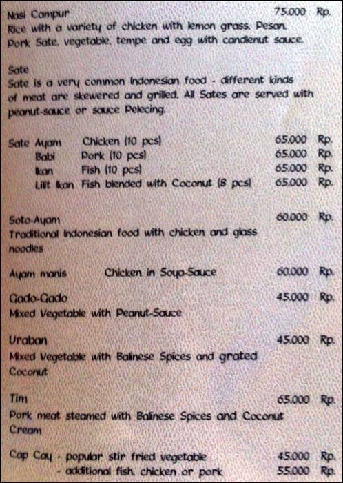 Menu at Warung Bambu Pemaron restaurant, Buleleng