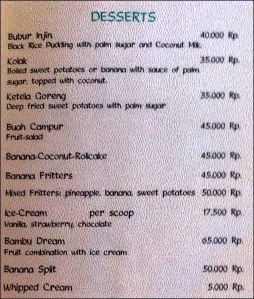 Menu at Warung Bambu Pemaron restaurant, Buleleng