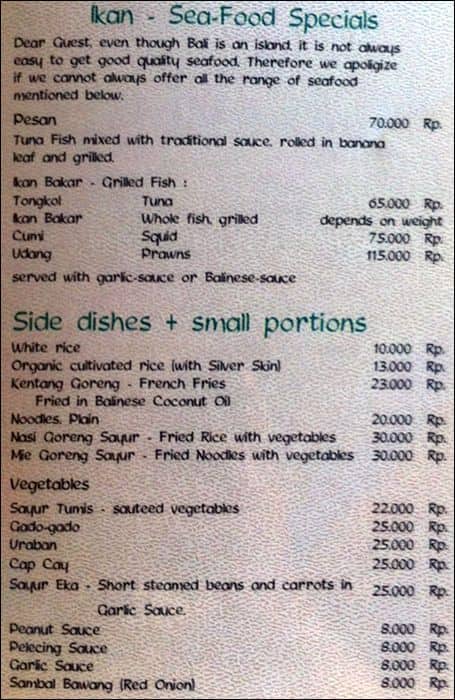 Menu at Warung Bambu Pemaron restaurant, Buleleng