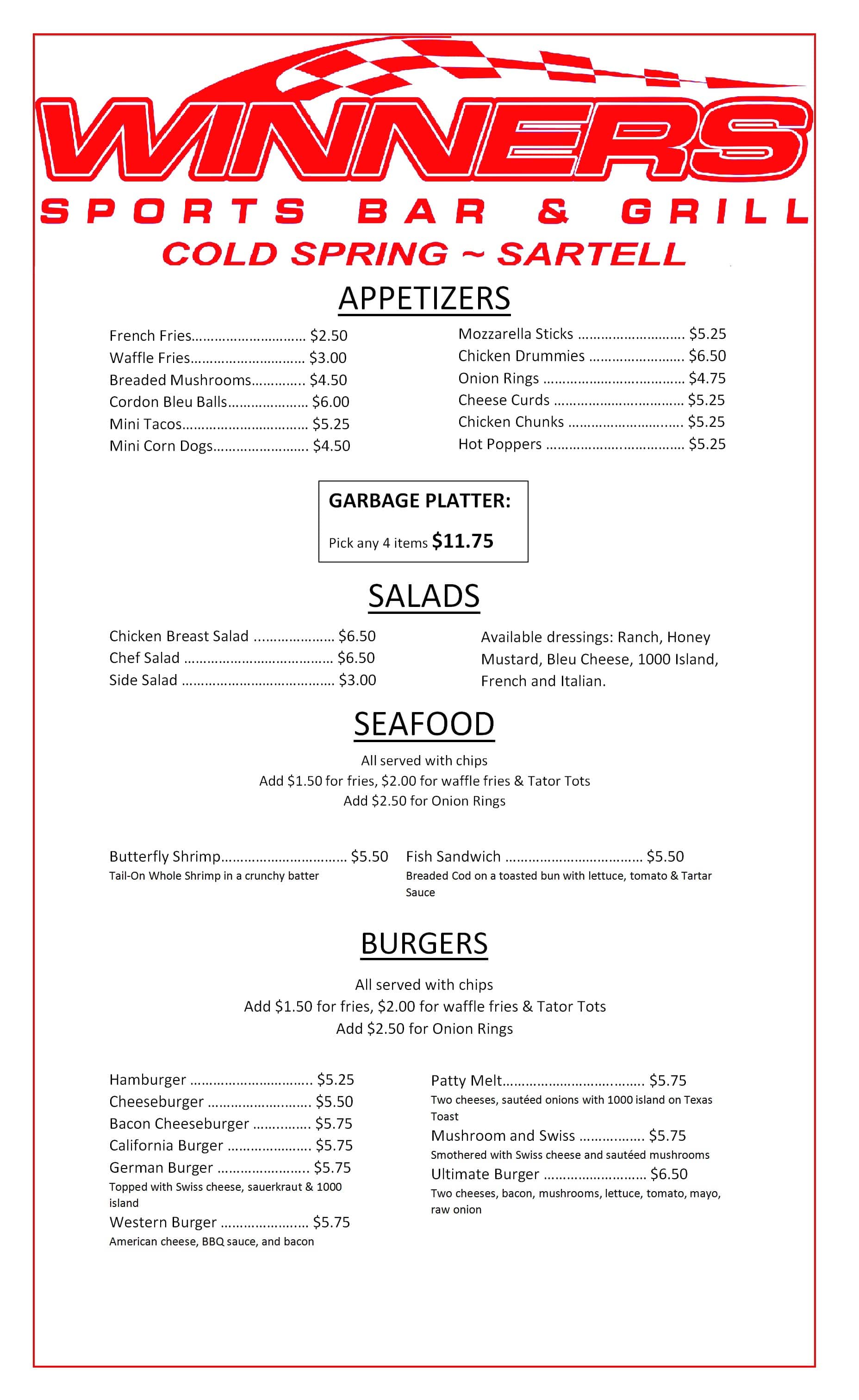 Menu at Winners Sports Bar & Grill, Cold Spring