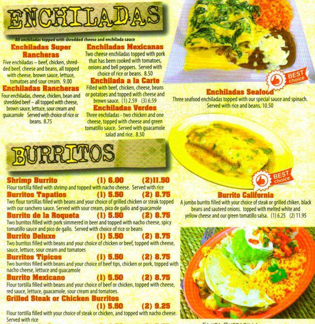 Menu at El Mariachi restaurant, Metter