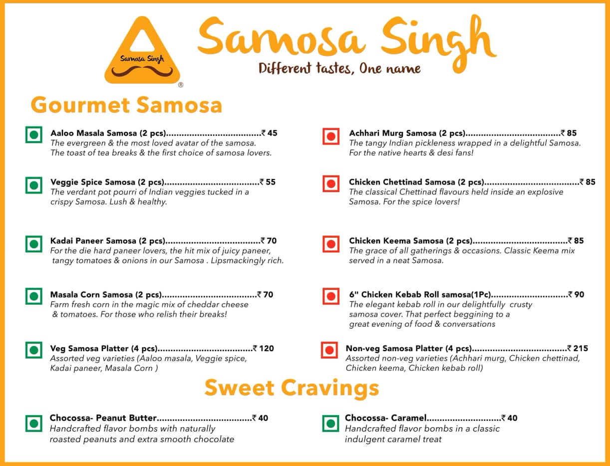 Menu of Samosa Singh, Peenya, Bangalore