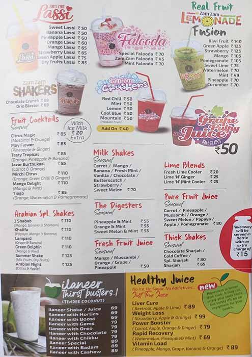 Menu at Zam Zam Palayam, Thiruvananthapuram