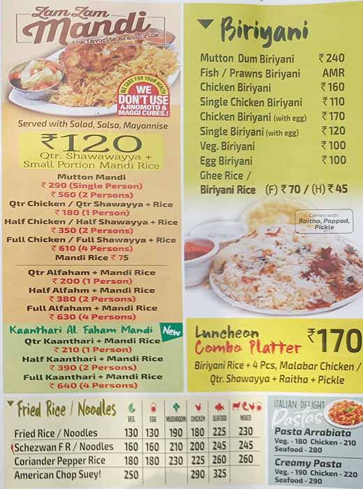 Menu at Zam Zam Palayam, Thiruvananthapuram