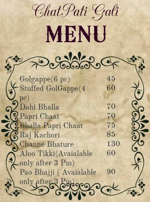 Menu at Chatpati Gali, Chandigarh