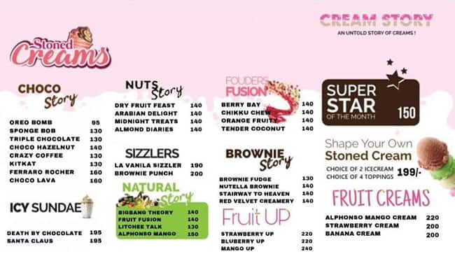 Menu of Cream Story, Velachery, Chennai
