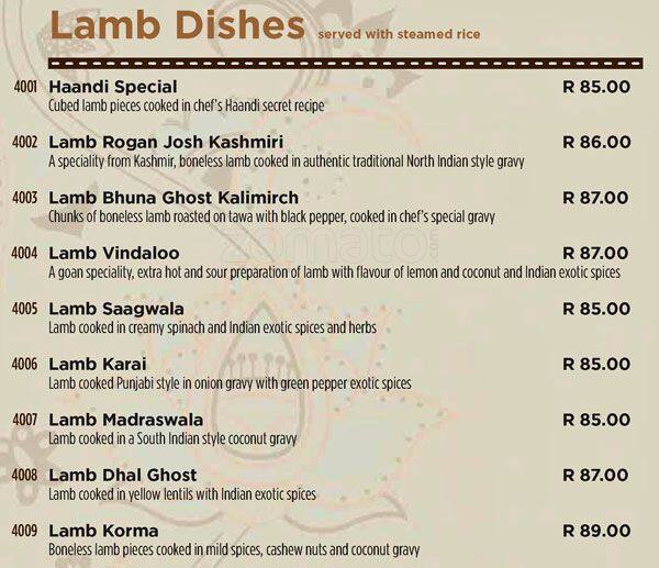Menu at Haandi restaurant, Kempton Park