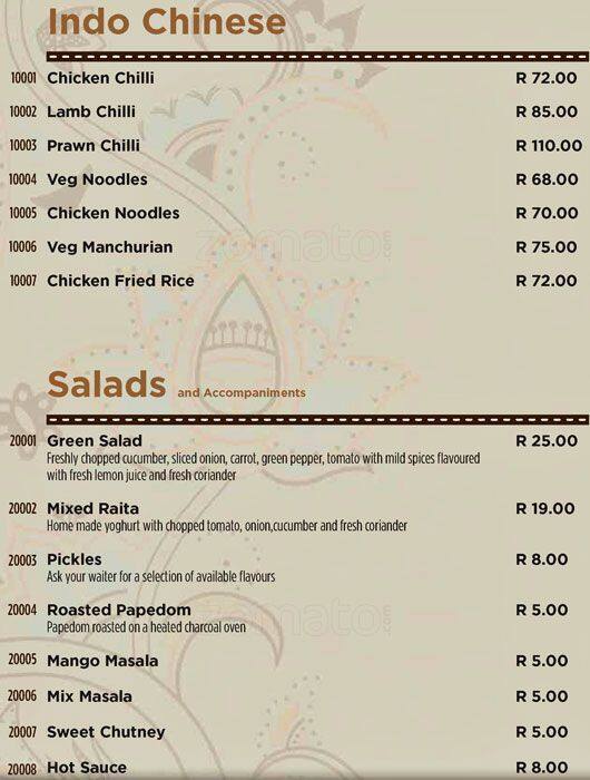 Menu at Haandi restaurant, Kempton Park