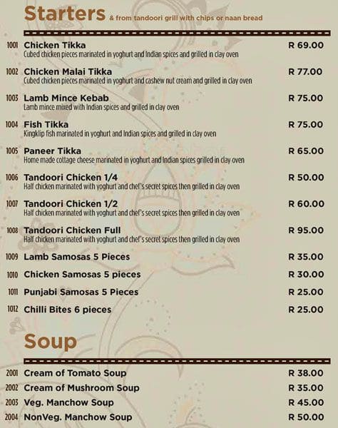 Menu at Haandi restaurant, Kempton Park