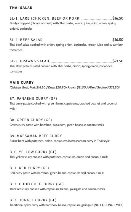 Menu at Tom Yum Goong Thai Restaurant, Auckland, 1 Maskell St
