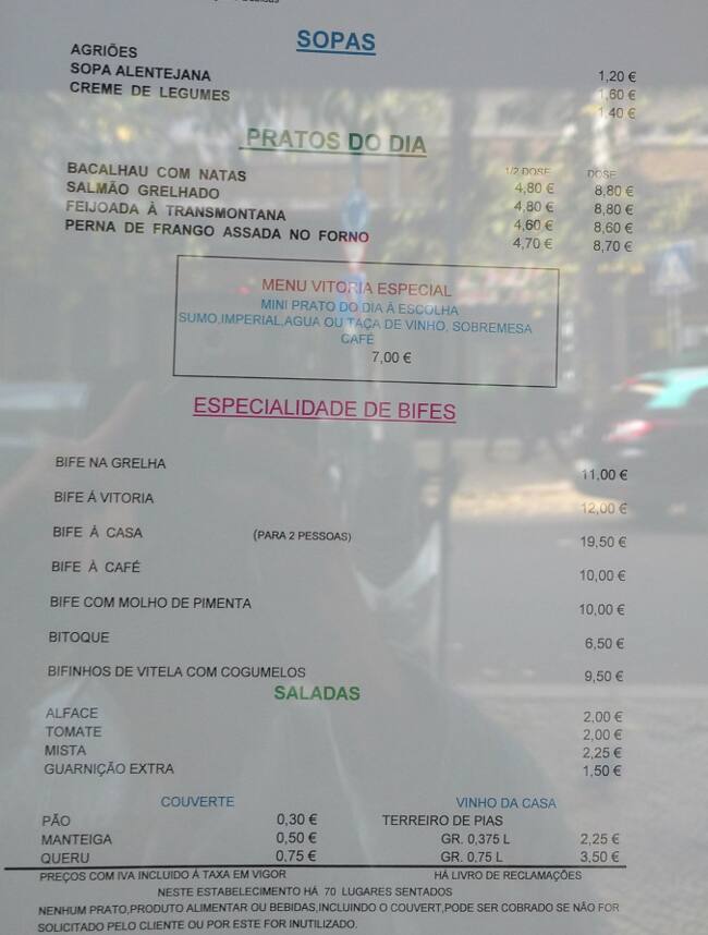 Menu at Confeitaria Vitoria cafe, Lisbon, Largo Dona Estefania 1-3
