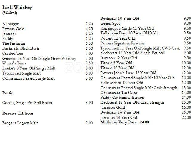 Menu at The Whiskey Bar, Dublin, Simmonscourt Rd