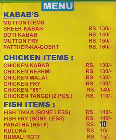 Menu at Bade Miyan Kababs, Hyderabad, Middle Tank Bund