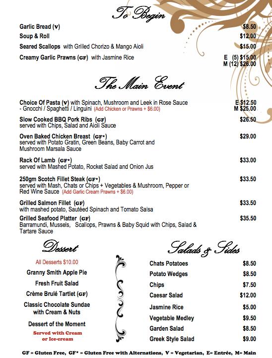 Menu at Adelaide's on the Terrace restaurant, Perth