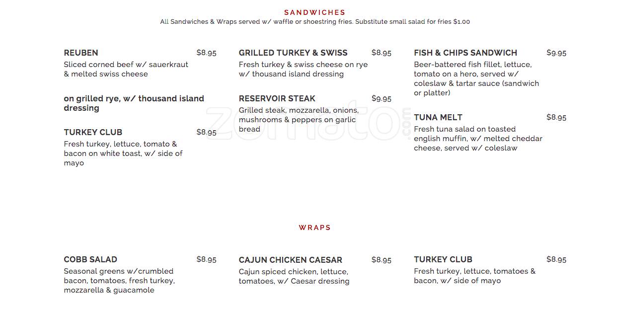 Menu at Reservoir pub & bar, New York City