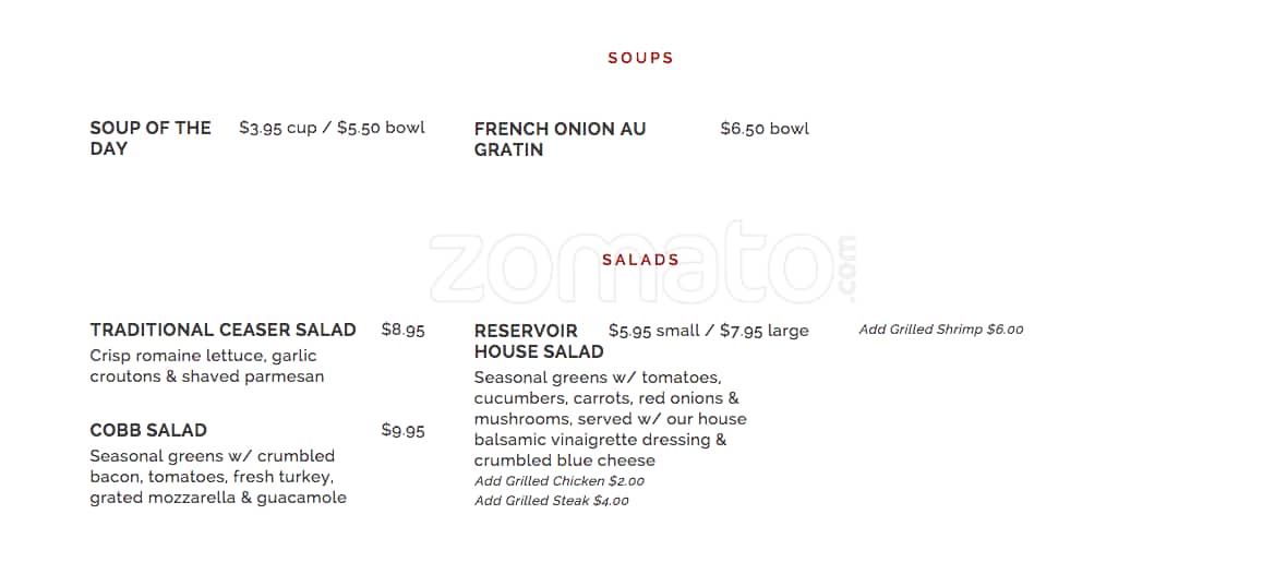 Menu at Reservoir pub & bar, New York City