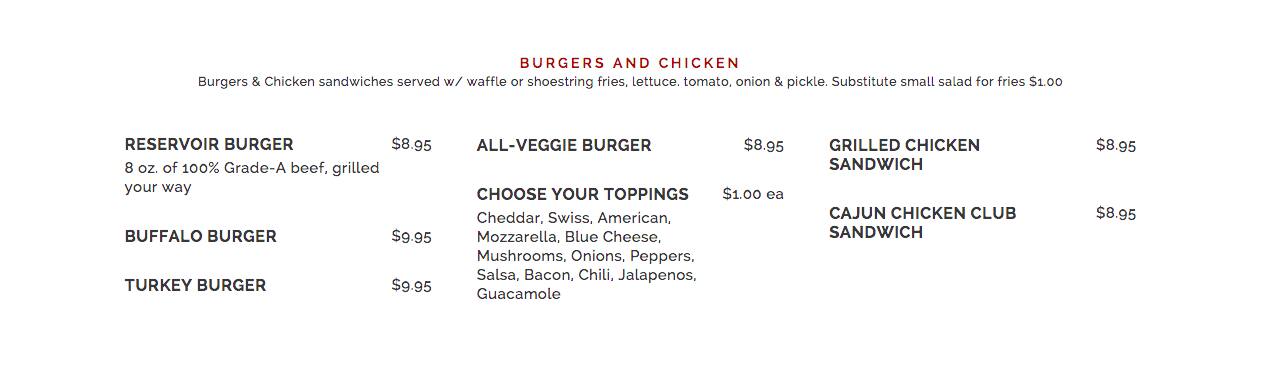 Menu at Reservoir pub & bar, New York City