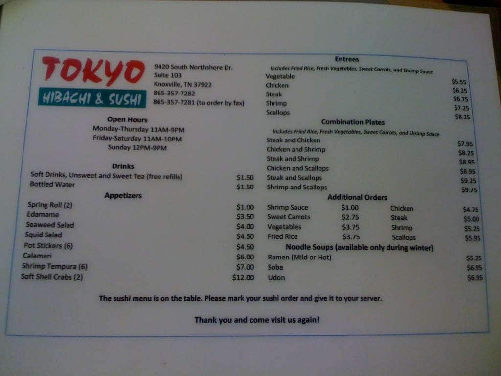 Menu at Tokyo Hibachi & Sushi restaurant, Knoxville