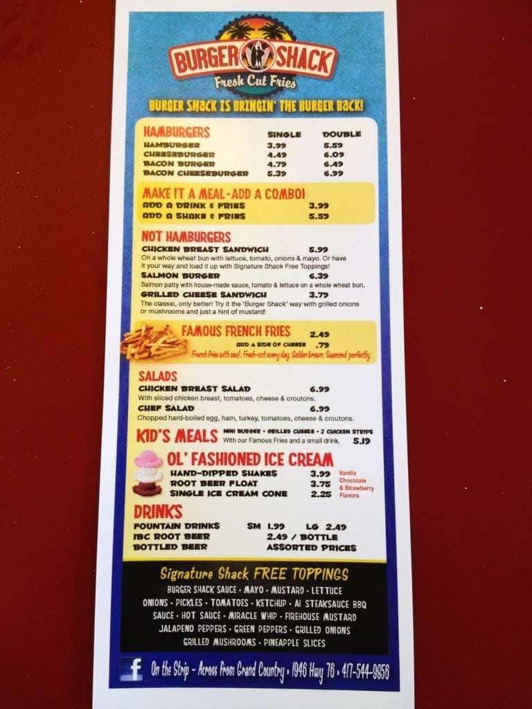 Menu at Burger Shack restaurant, Branson, 76 Country Blvd