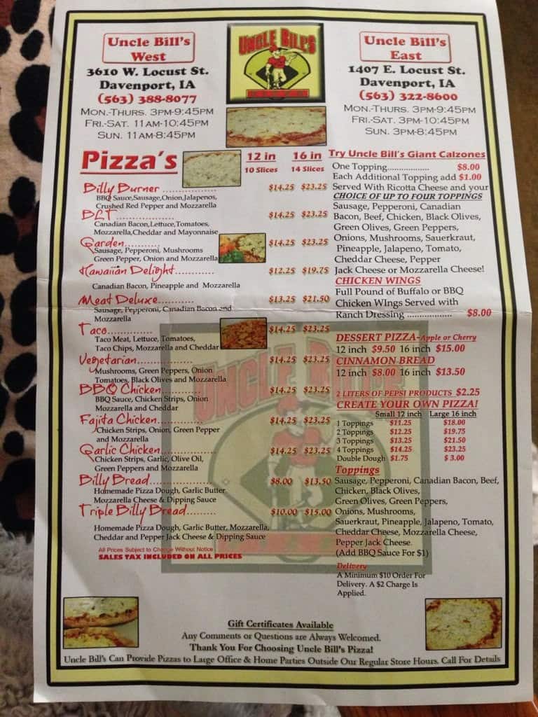 UNCLE Bill's Pizza Menu, Menu for UNCLE Bill's Pizza, Davenport ...