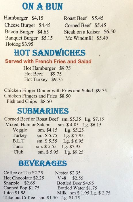 Menu at Windmill Restaurant, Burlington
