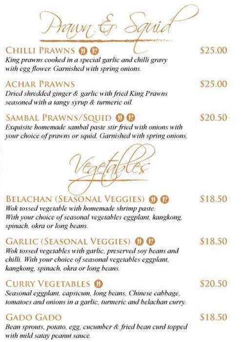 Menu at Lim's Nyonya Hut restaurant, Donvale