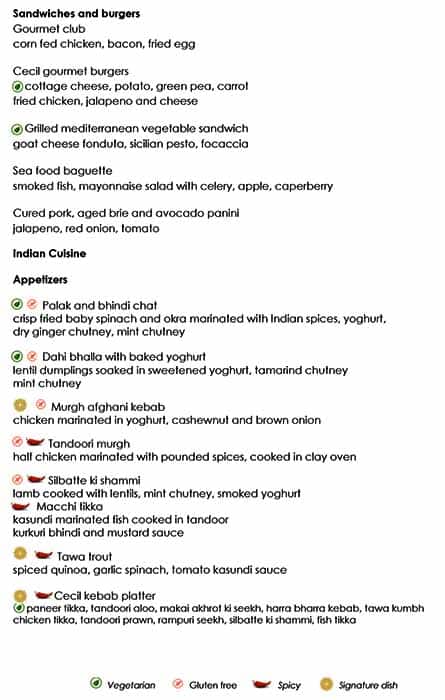 Menu at The Oberoi Cecil, Shimla, Shimla